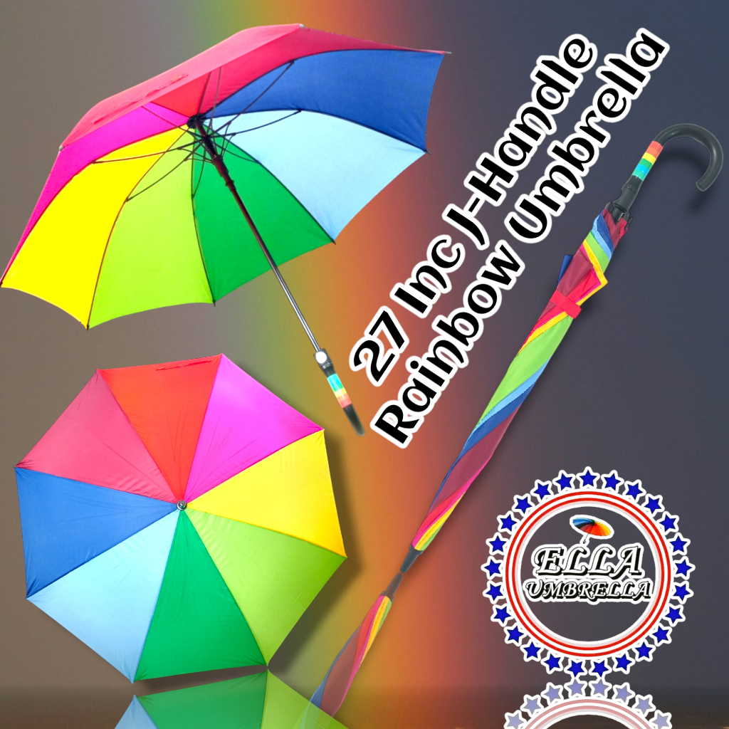 (ellashop) 27 inches j-handle Rainbow auto open/ close manual umbrella ...