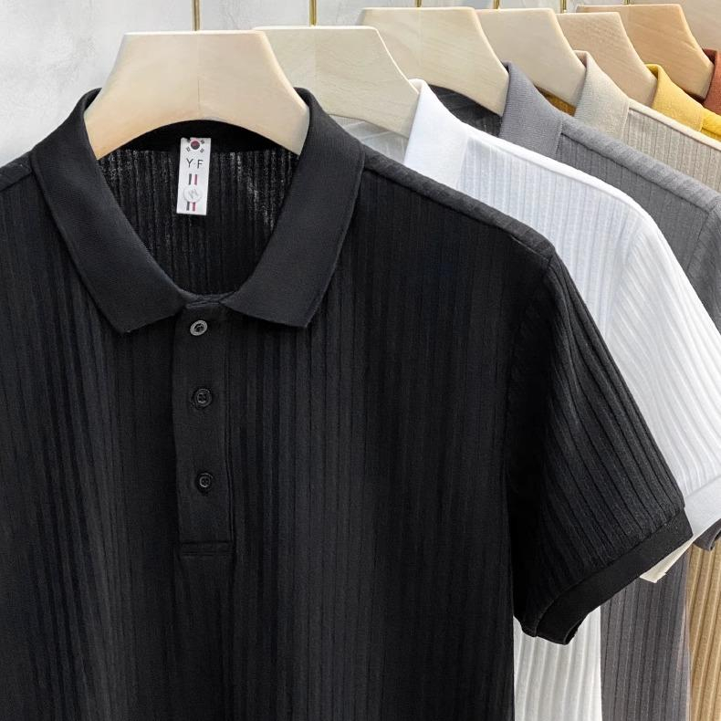 ACHSAWAKE Men's Slim Striped Short Sleeve Korean Fashion Polo Shirt ...