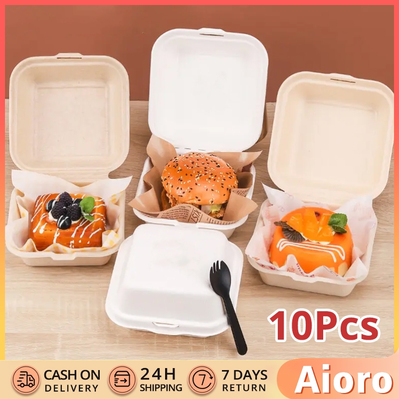 10Pcs Take Out Food Containers 500ml Disposable Bagasse Burgers Cake ...