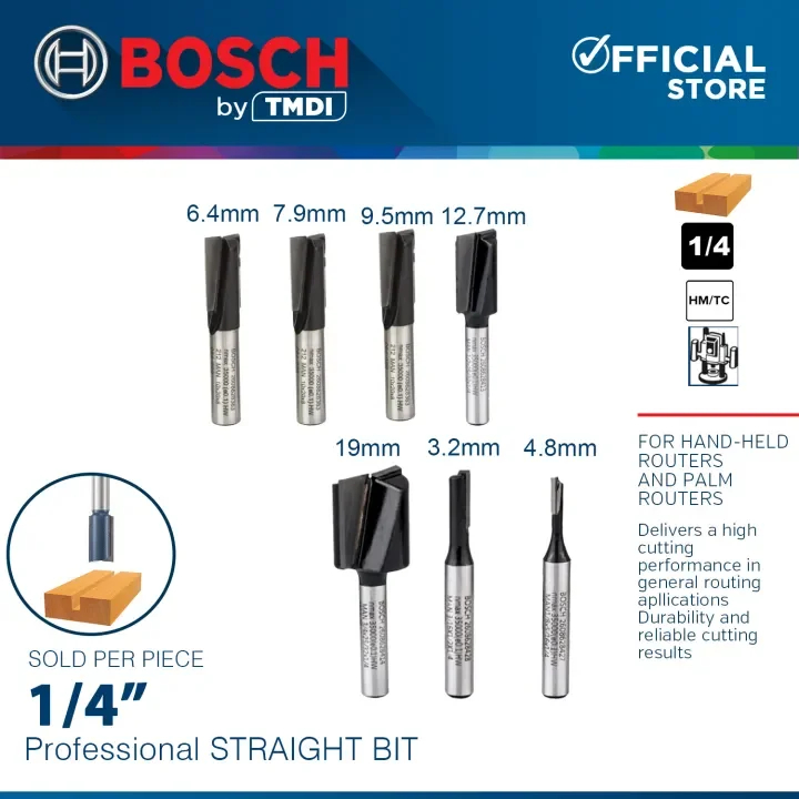 Bosch Router Straight Bit 1/4" Inch Shank Standard for Wood Handheld ...