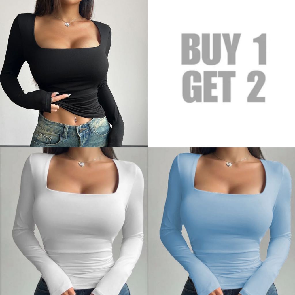Buy 1Take 2 And Buy 1 Take 1 Double Lining Square Neck Long Sleeves Top Body Hugging Top For ...