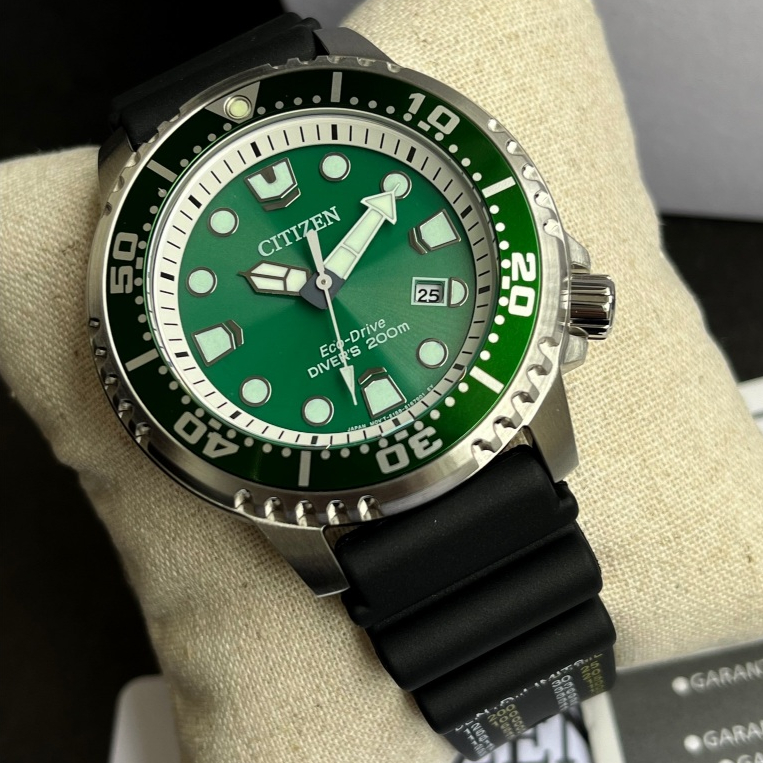 Citizen Promaster Diver Watch BN0158-18X Eco-Drive Green Dial Black Rubber Watch For Men ...