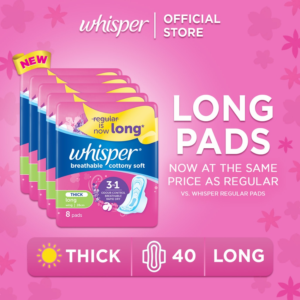 Whisper Cottony Long With Wings Breathable Cotton 40 Sanitary Pads 28cm ...