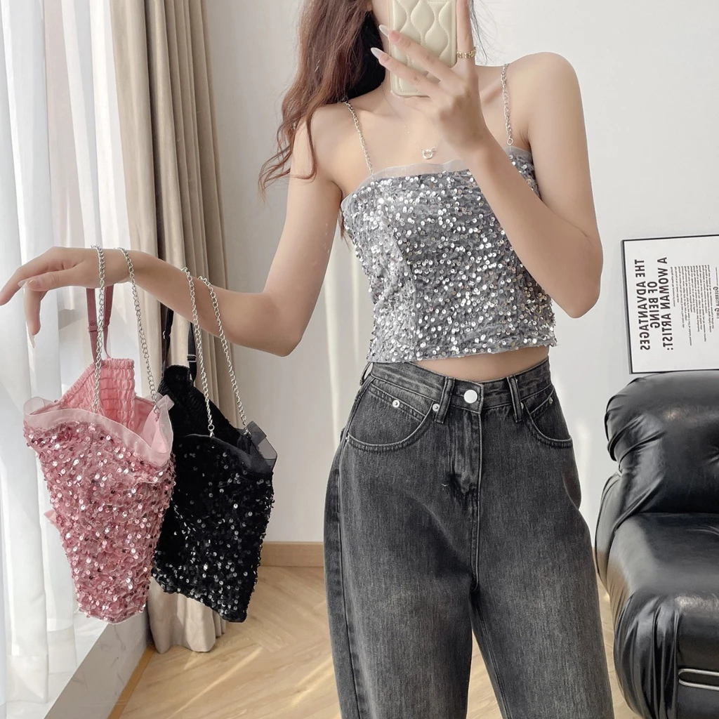 Bralette Crop Top Korean Style Sequins Glitter Shiny Chain Strap Padded ...