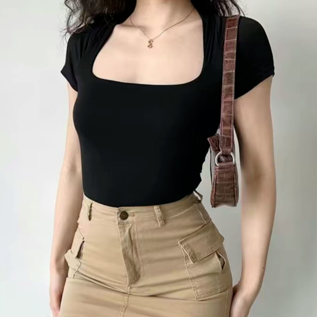 Angelcity Double Lining Top Square Neck Full Length Basic T Shirts ...