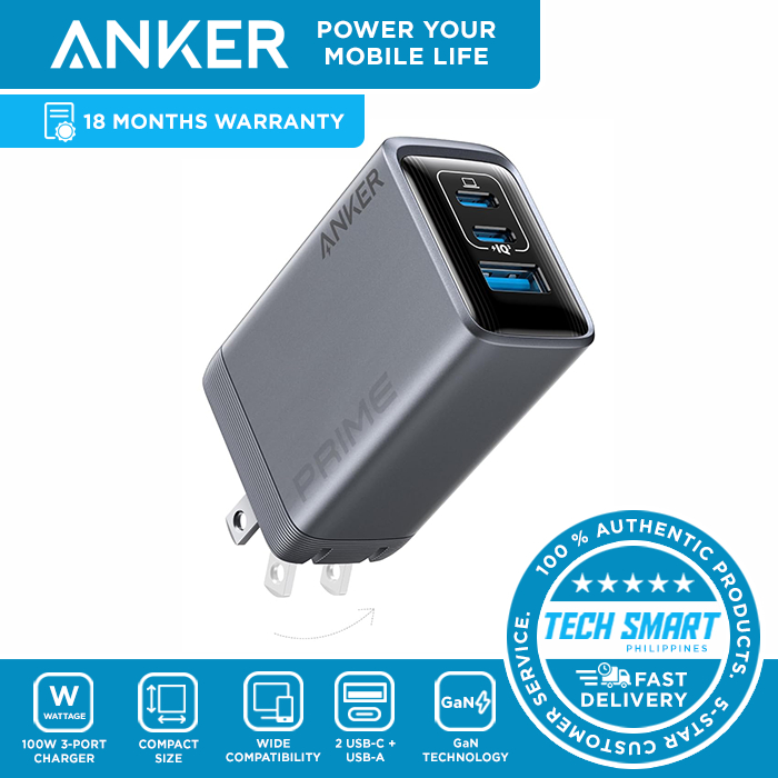 Anker Prime Charger, 100W USB C Charger, 3-Port GaN USB Charger Block, Foldable and Compact for ...