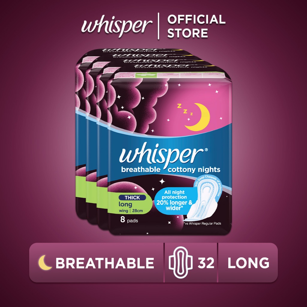 Whisper Breathable Cotton Overnight Napkin [Heavy Flow] Wings 32 pads ...