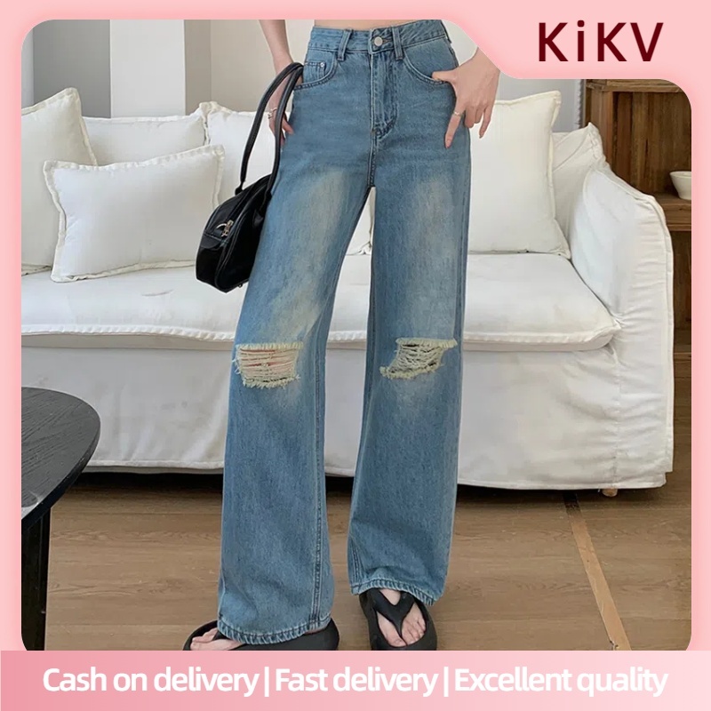 KiKV Ripped Jeans for Women High Waist Wide Leg Boyfriend Pants ...