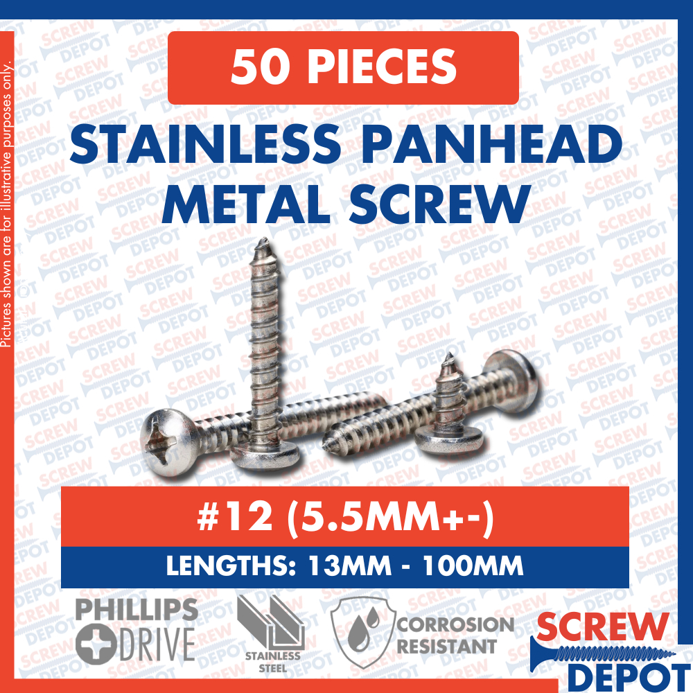 50PCS #12 SS Panhead Metal Screw / #12 Round Head MS Pan Head Stainless ...