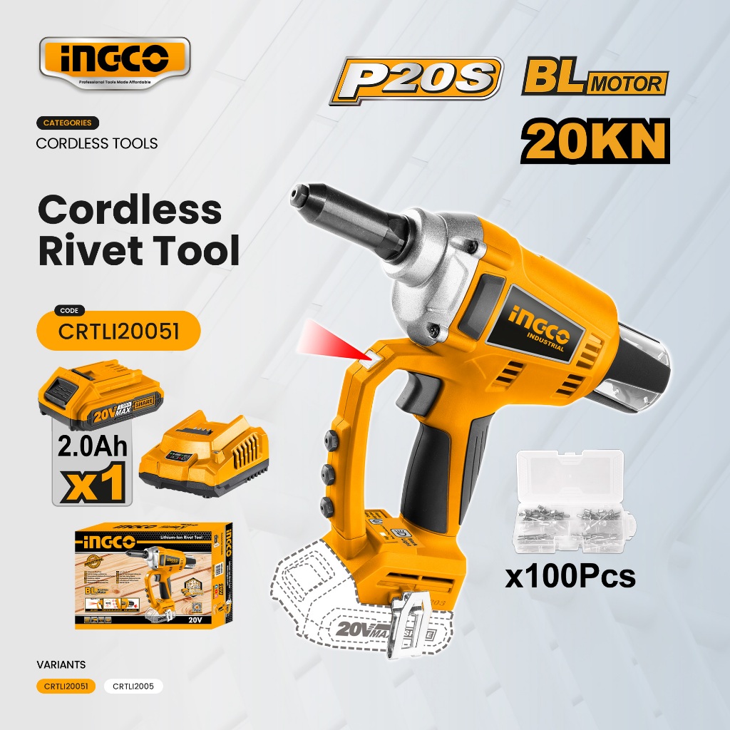 Ingco 20V Lithium-Ion Cordless Brushless Rivet Power Tool CRTLI20051 ...