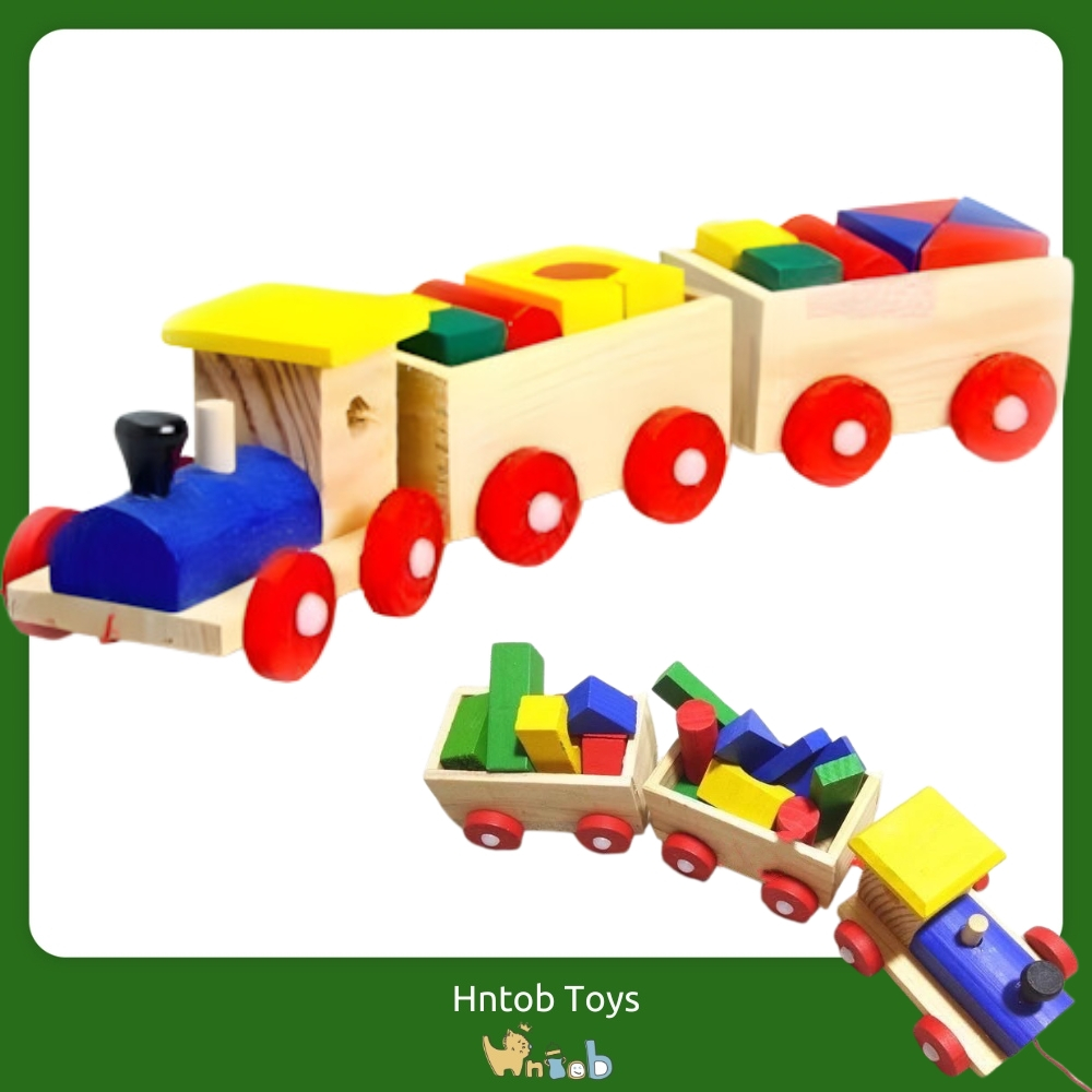 Hntob Wooden Vehicles Geometric Shape Puzzle Train Building Blocks Toy ...
