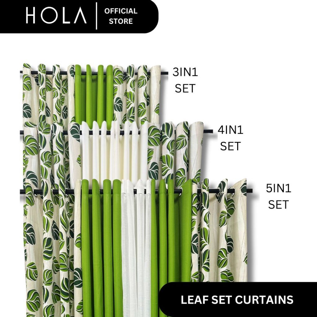 HOLA Non Blackout Printed Ring Curtains | 3in1 4in1 5in1 SET | Green Design | Shopee Philippines