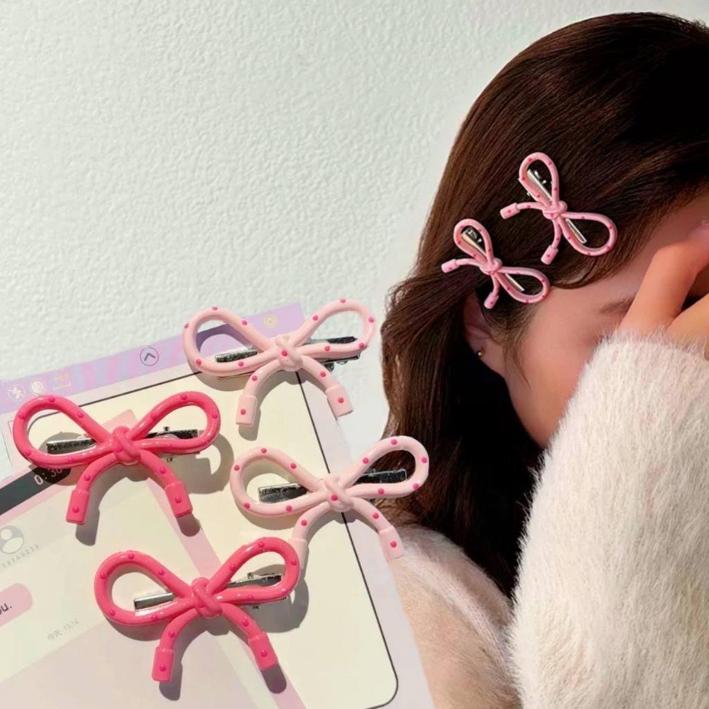 2pcs Cute Pink Polka Dot Bow Hairpin Women's Bow Bangs Clip | Shopee ...