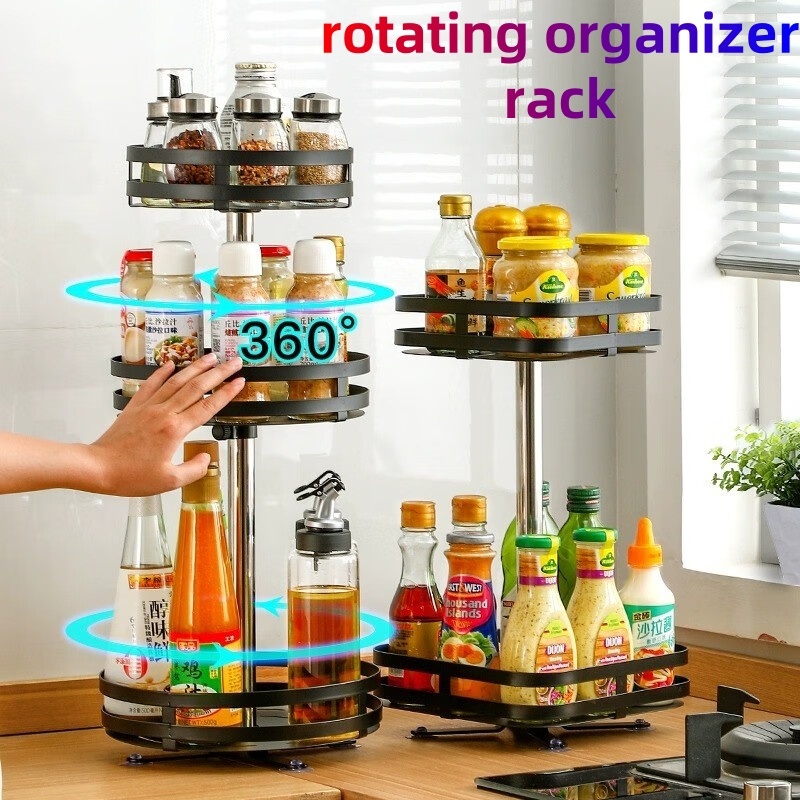 360°Rotating Spice Rack 1/2/3 Tier Kitchen Shelf Condiments Organizer ...