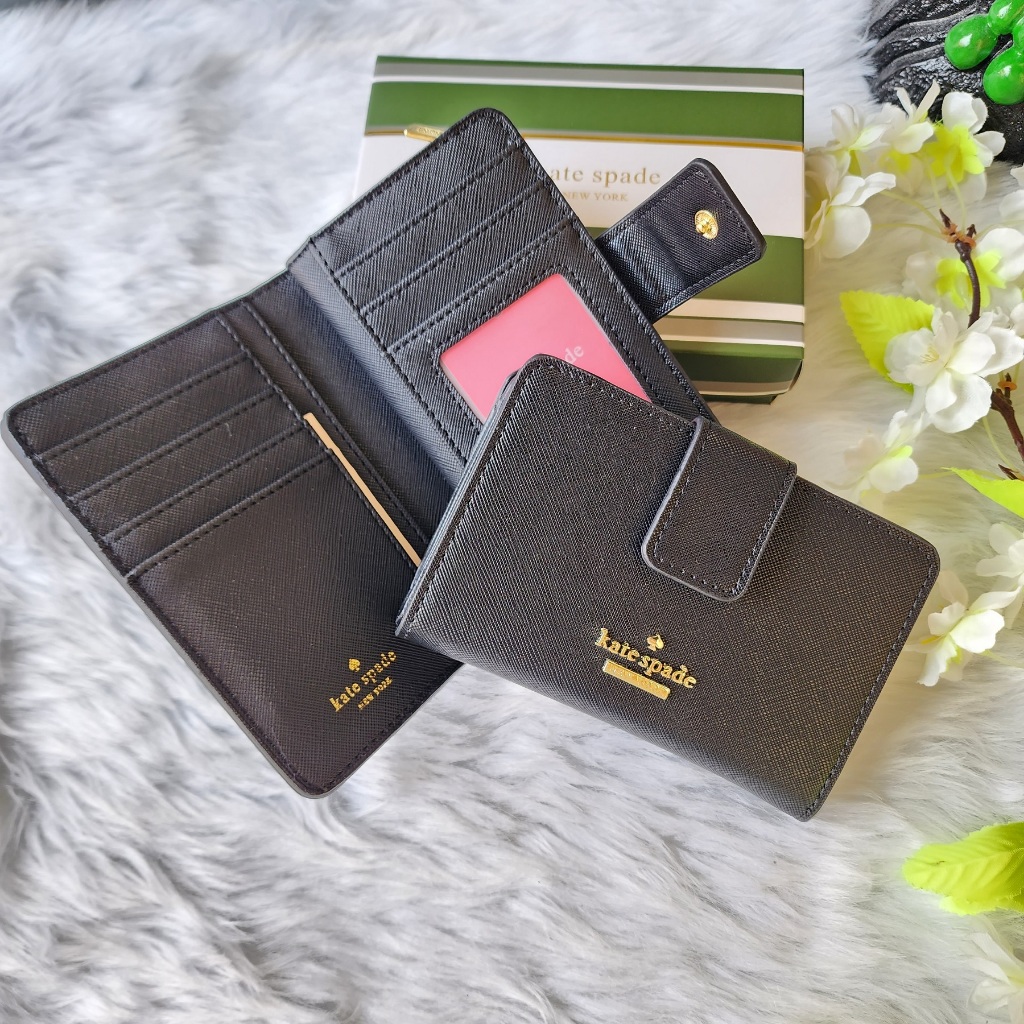 KSNY Medium Corner Zip Compact Bifold Wallet in Plain Black Saffiano ...