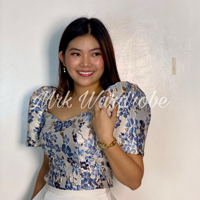 Dusty Blue Brocade Filipiniana Top Only | Shopee Philippines