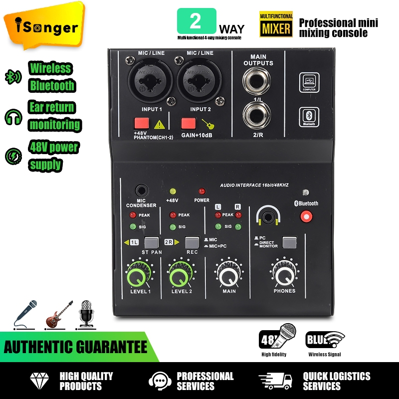 2-Channel Audio Mixer Mixing Console Built-in 48V Phantom Power with BT ...
