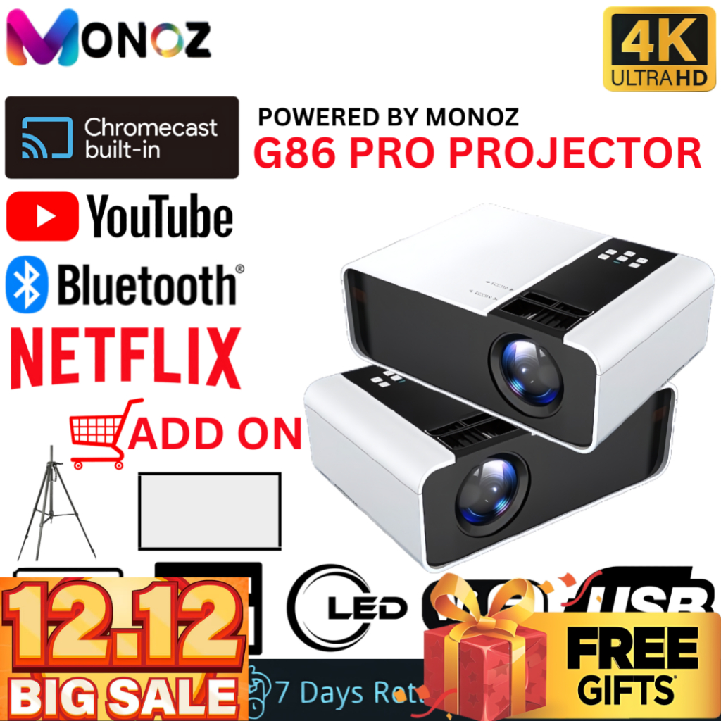 Android Projector G86 Pro Full HD 1080P 4K Wi-Fi Bluetooth Netflix ...