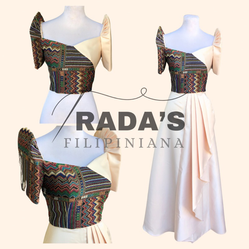 Modern Filipiniana Ethnic Top with Overlap Skirt Beige with Slit ...