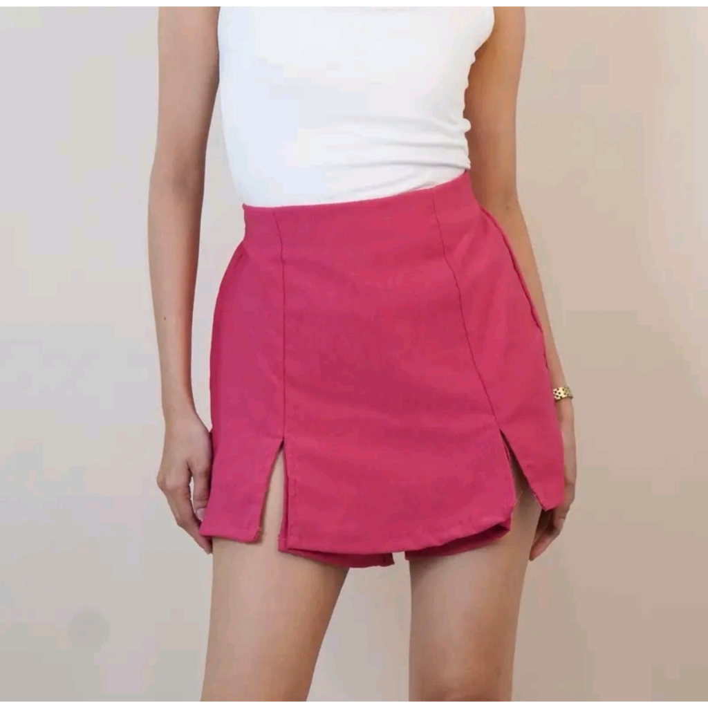 Double Slit Highwaist Woven Skort Elegant Style Womenswear Bottom Basic Minimalist Garterized ...