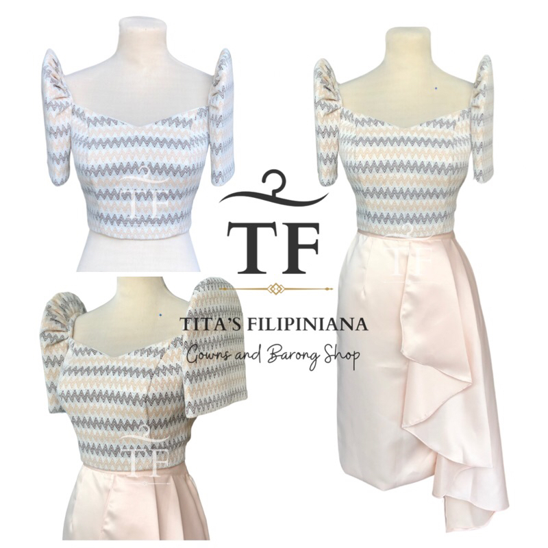 Modern Filipiniana Ethnic Two Tone with Midi Beige Overlap Skirt ...