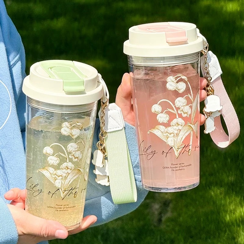 520ML High-Value Water Cup Flower Design Straw Cup with Handle Portable ...