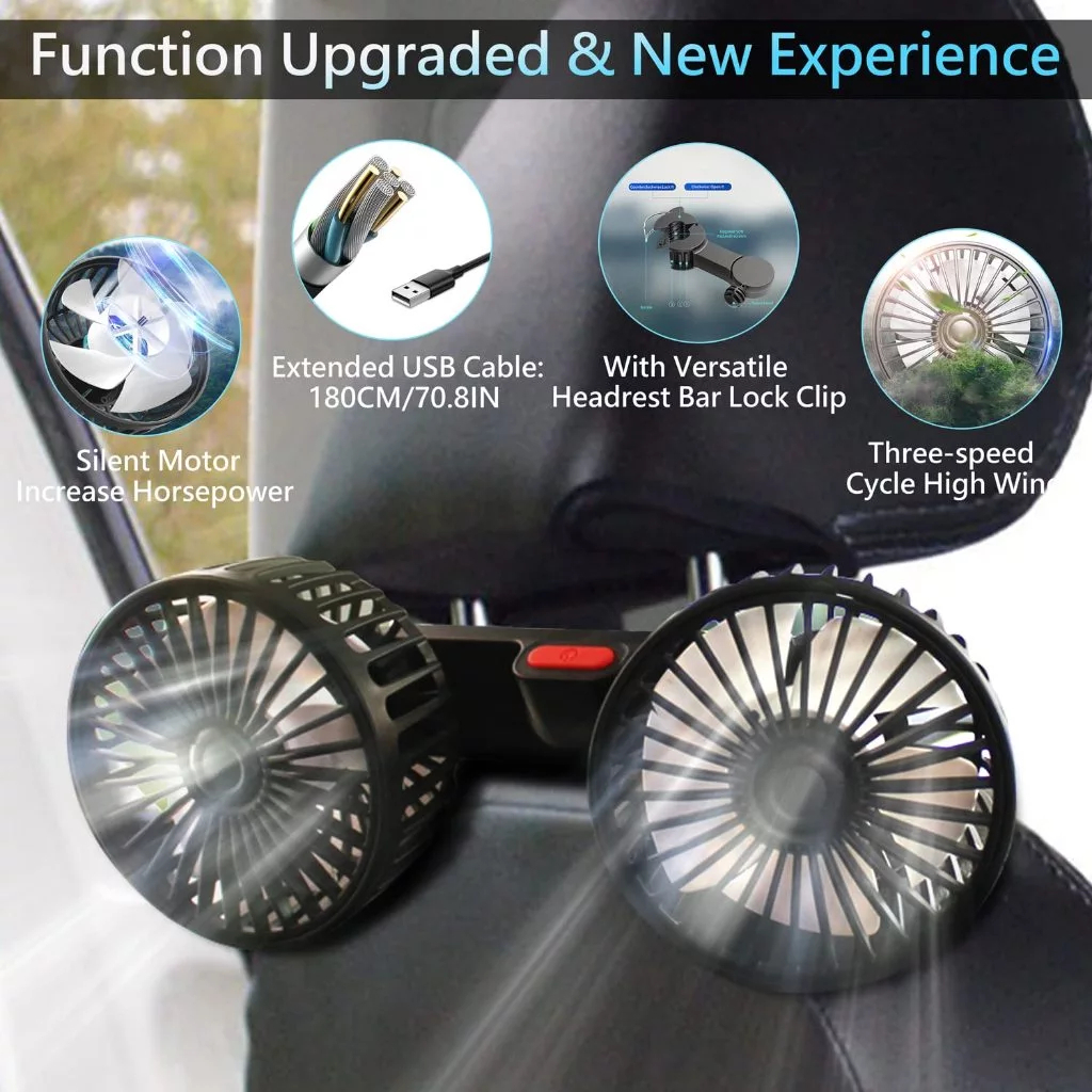 Car Electric Fan 5V Dual Head USB Cooling Front Backseat Headrest Heavy ...
