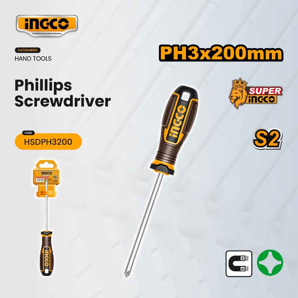 Ingco 200MM S2 Phillips Screwdriver PH3 with Magnetic Tip for DIY ...