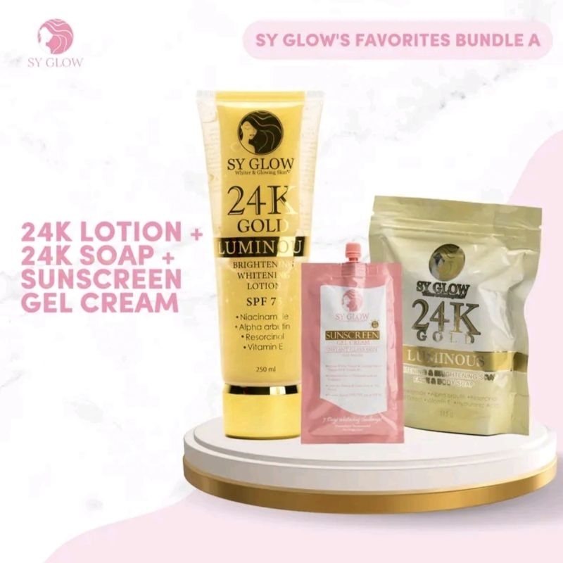 SY GLOW 24K GOLD LUMINOU BRIGHTENING WHITENING LOTION AND 24K GOLD LUMINOU SOAP| SUNSCREEN GEL ...