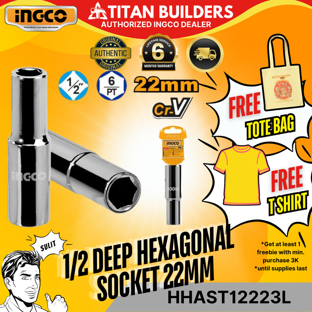 Ingco by Titan 1/2" Deep Hexagonal Socket 22mm Dr 6pt Socket 78mm ...