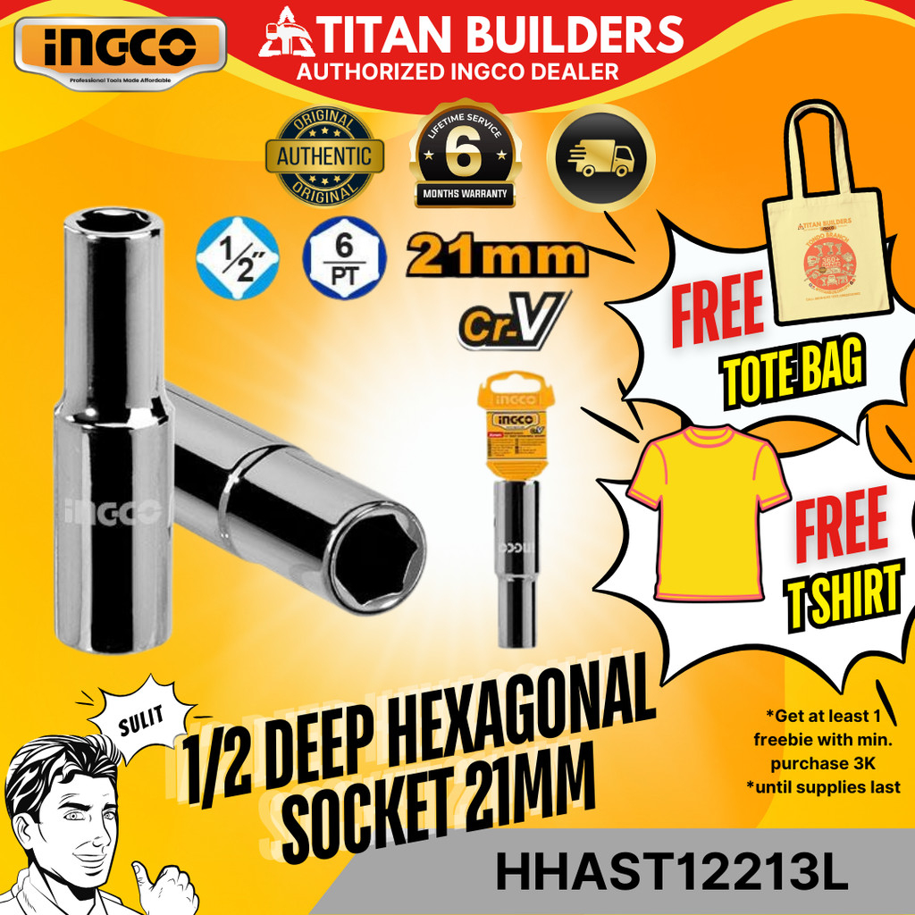 Ingco by Titan 1/2" Deep Hexagonal Socket 21mm Dr 6pt Socket Black ...