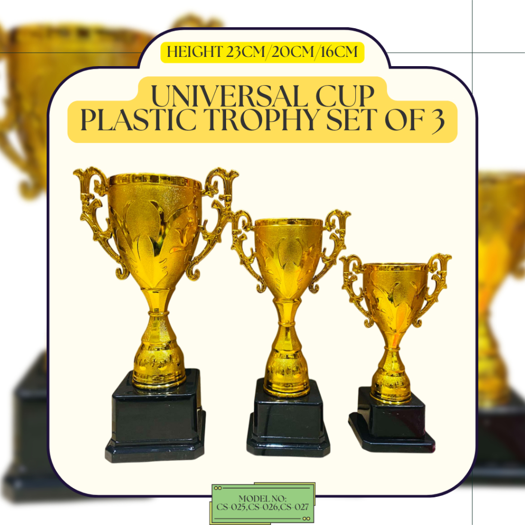 Universal Plastic Gold Trophy Set Of 3 Height 23 cm/20 cm/16 cm ( CS ...