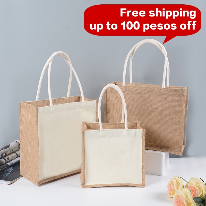 DIY Large Capacity Scrawl Plain Design Abaca Linen Burlap Shopping Bags ...