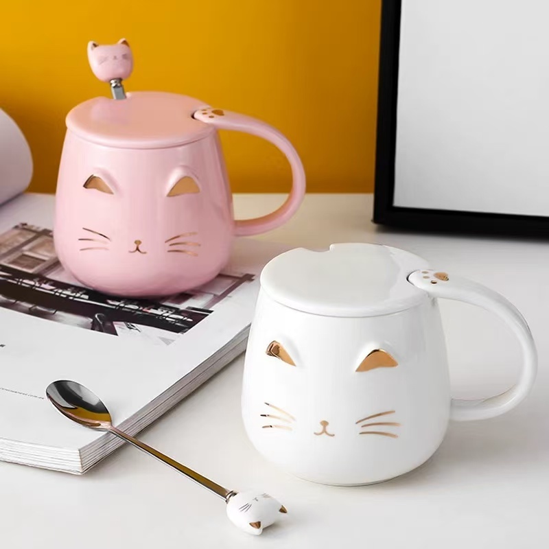 Creative cute cartoon cat ceramic mug coffee cup with lid and cat spoon ...
