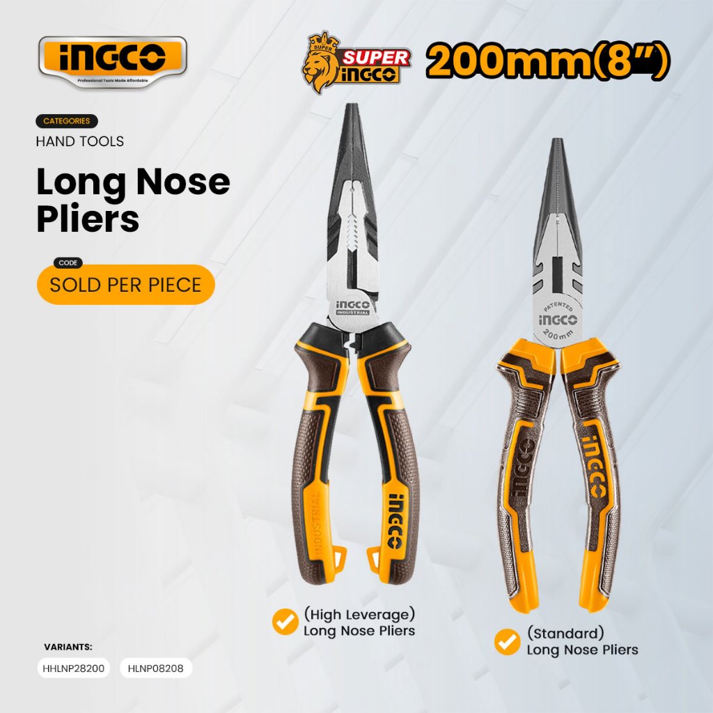 Ingco 8" Long Nose Pliers High Leverage / Standard Needle Snipe Nose ...