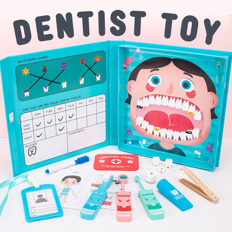 Wooden Dentist Toy Educational Doctor Dental Kit Children Pretend Play ...