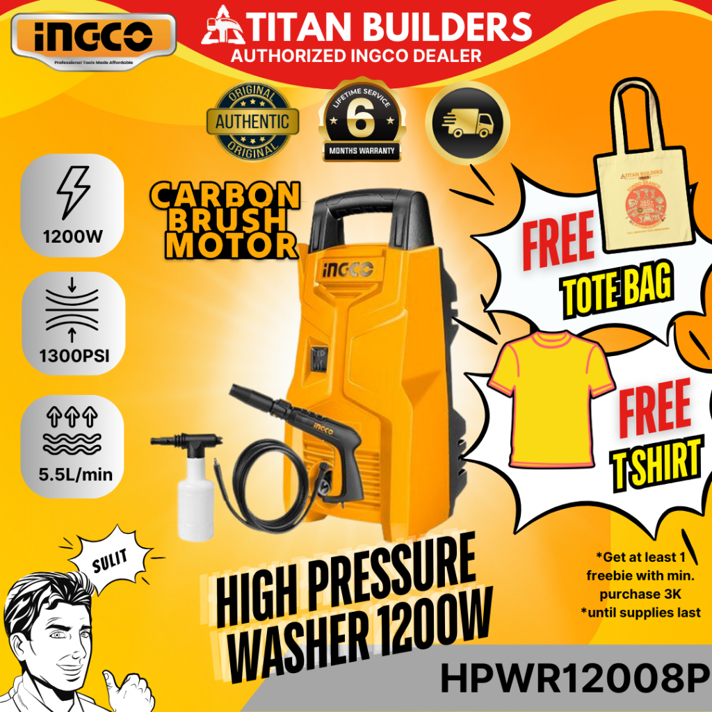 Ingco by Titan High Pressure Washer 1200W 1300 PSI, 5.5L/min with Spray Gun - Efficient Cleaning ...