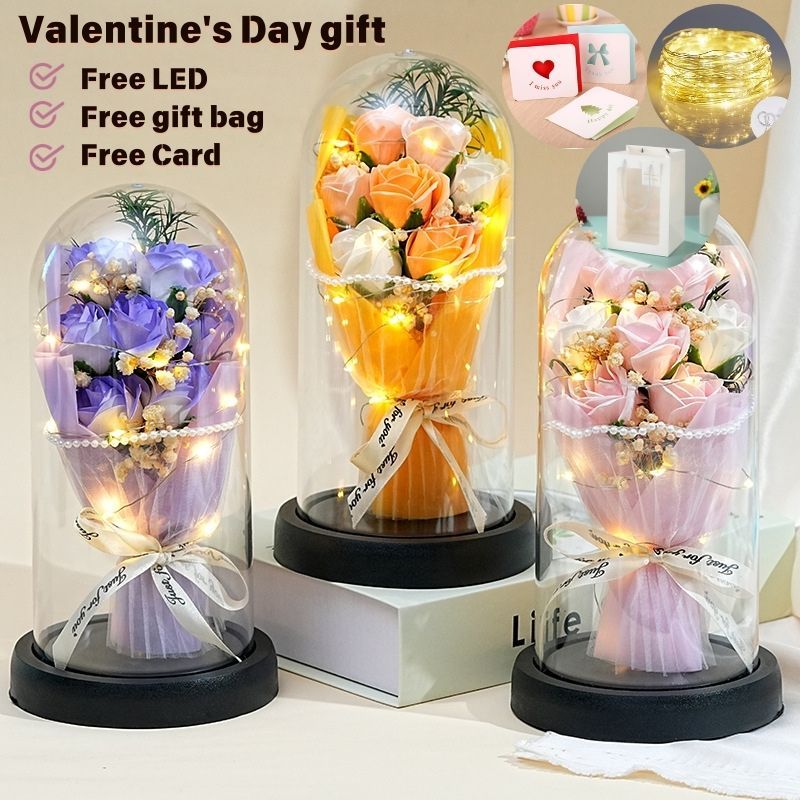 Artificial Rose Flower Glass Cover Dome Eternal Flower Bouquet LED ...