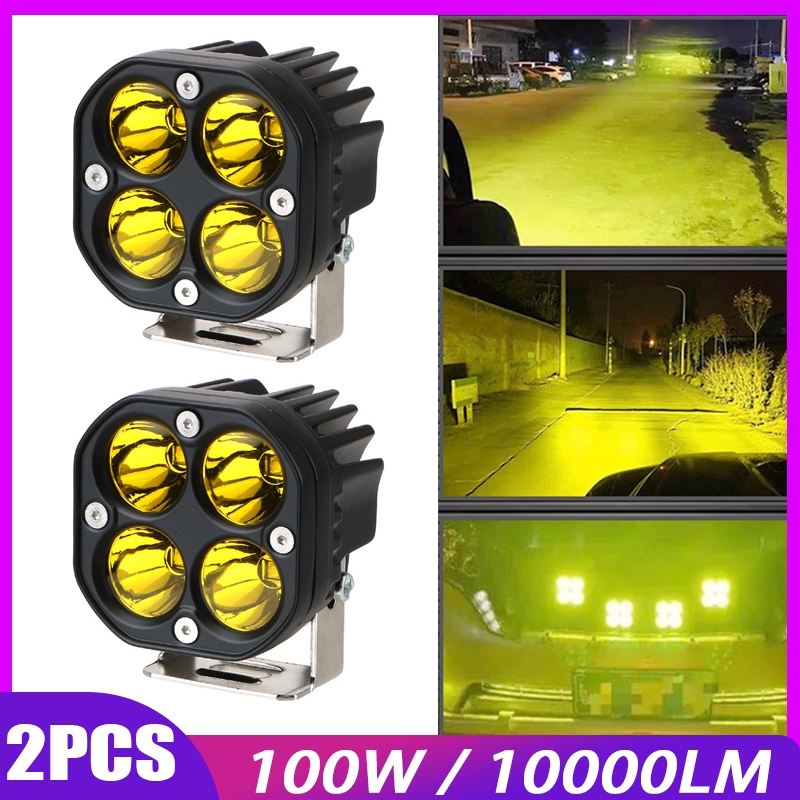 2PCS Universal 3 Inch 100W Yellow LED Work Light Square Mini Waterproof ...