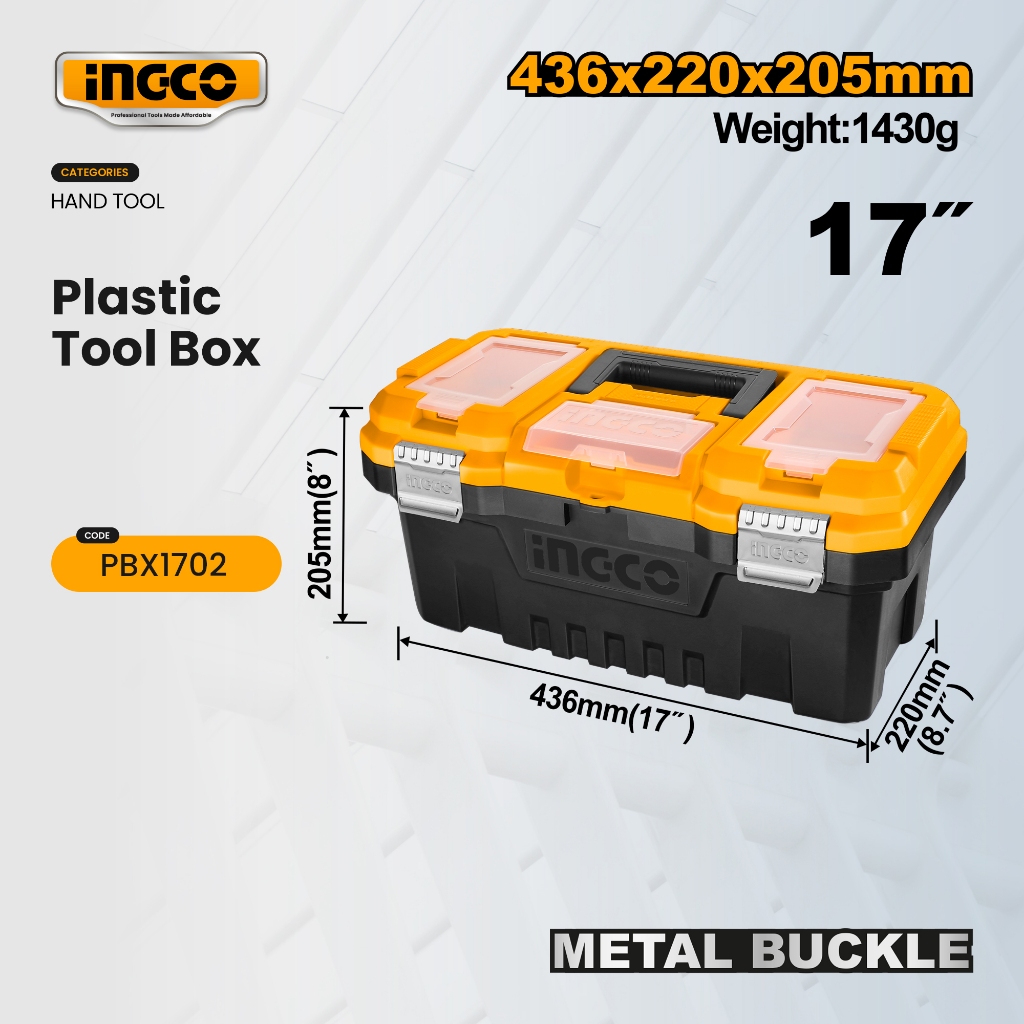 Ingco 17" Plastic Tool Box Case Organizer with Removable Tray & Metal ...