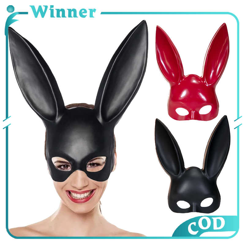 Half Face Rabbit Mask Halloween Long Ears Bunny Mask Black Red For ...