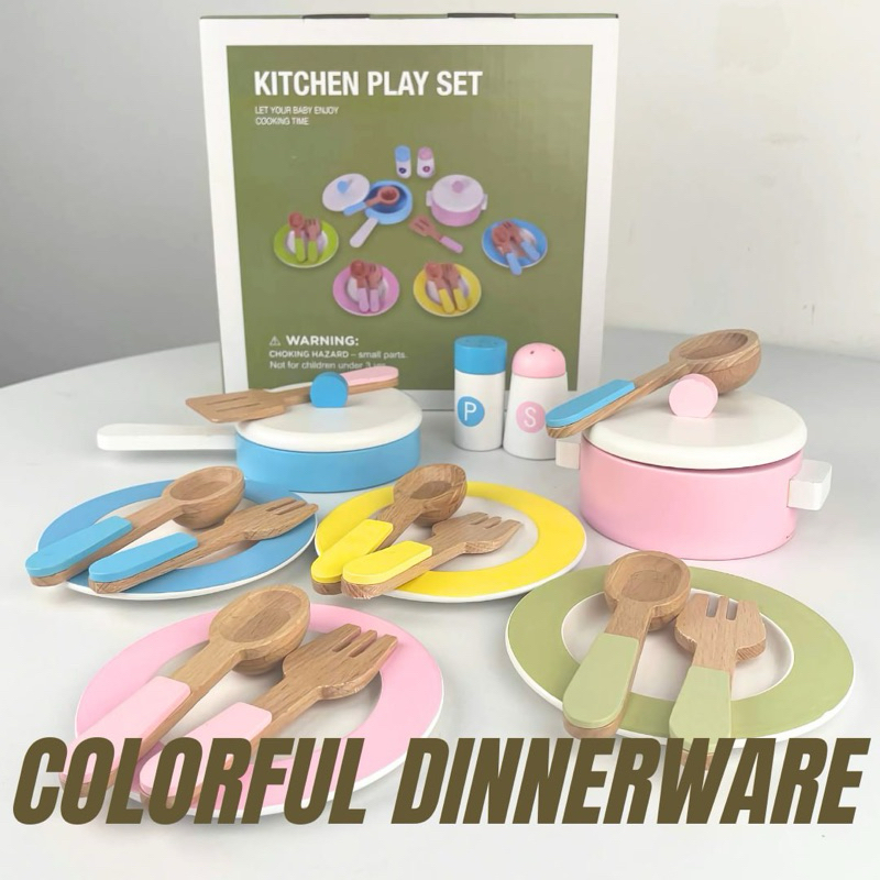 Wooden Colorful Dinnerware Toys For Children Pretend Play Utensils ...
