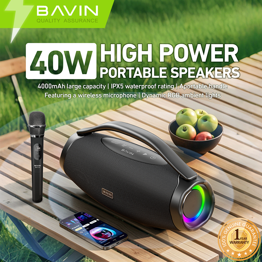 BAVIN BM25 Outdoor Wireless Bluetooth Speaker Splashproof w/ RGB Lighting & Wireless Microphone ...