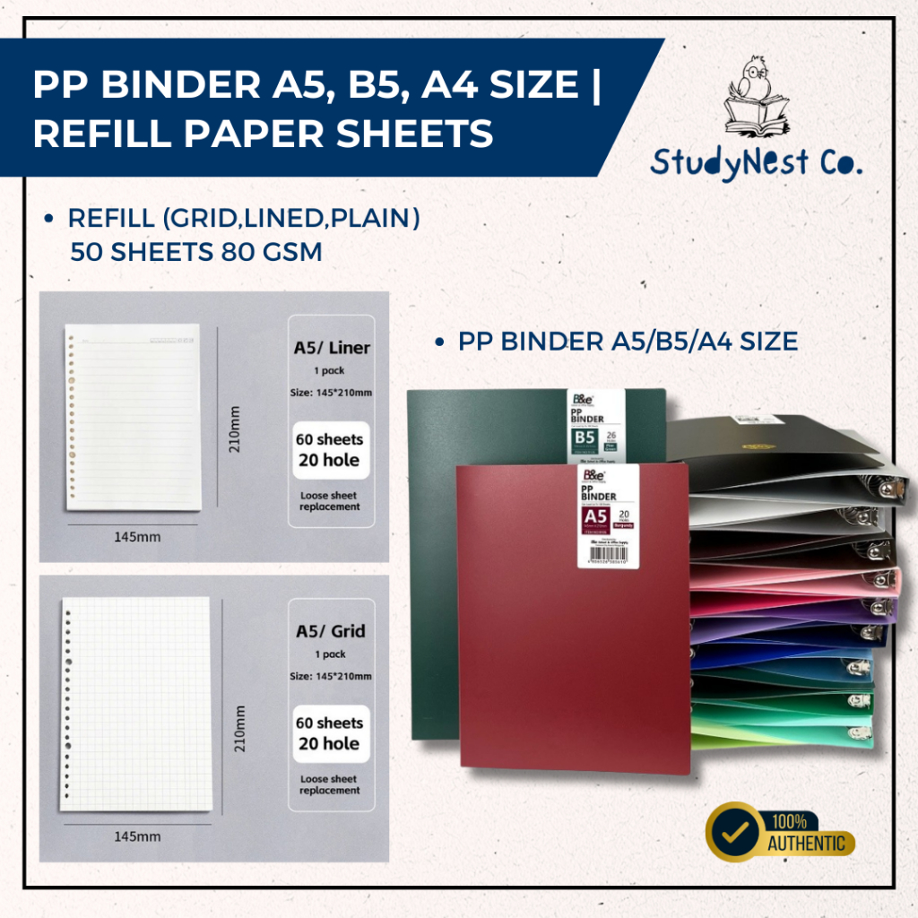 StudyNestCo | PP Binder A5, B5, A4 Size | Refill (Grid, Lined & Plain ...