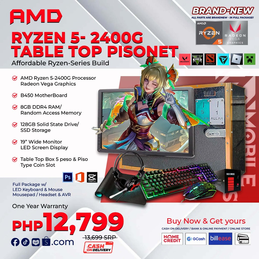 BRANDNEW TABLETOP PISONET-Ryzen 5 2400GE -8gb DDR4 128gb SSD-19 WIDE ...