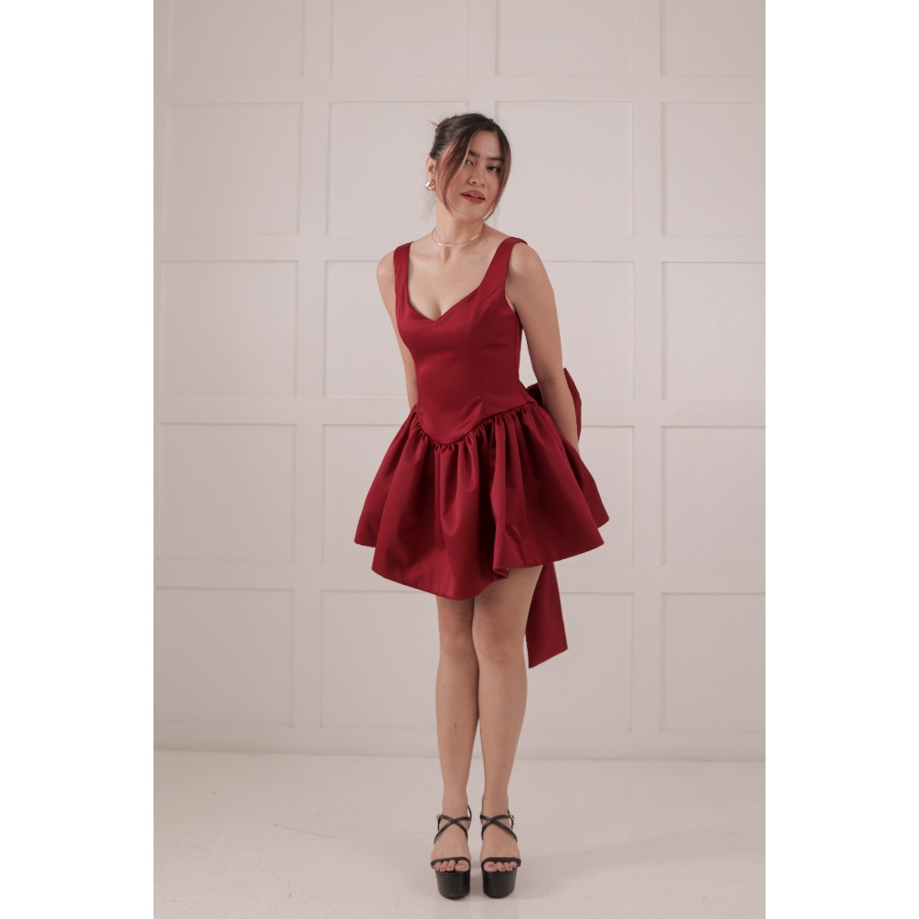 Yulia V-Neckline with Bow-Detail Satin Mini Dress | Shopee Philippines