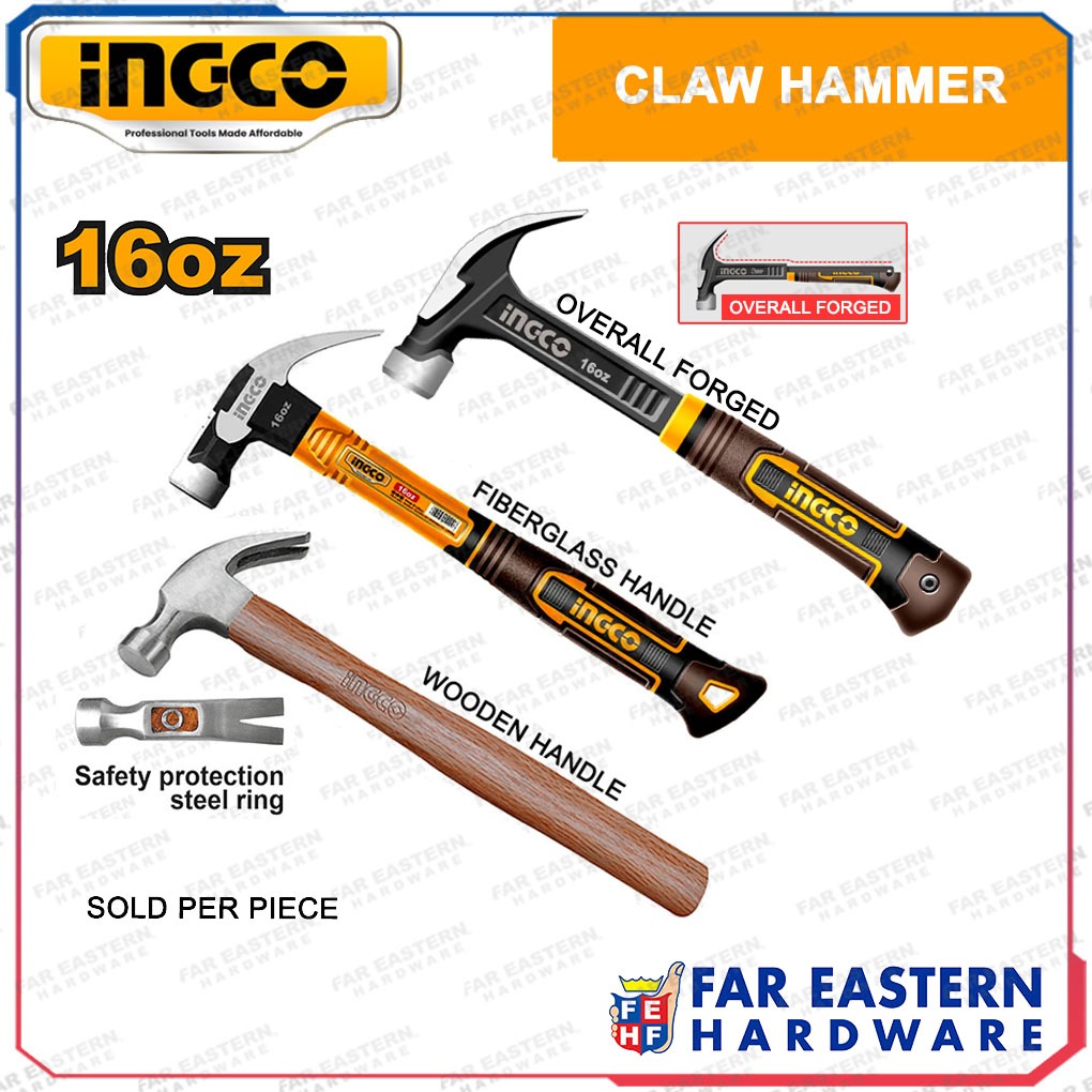 INGCO Claw Hammer Wooden | Fiberglass Handle | All Forged 16oz INHT ...
