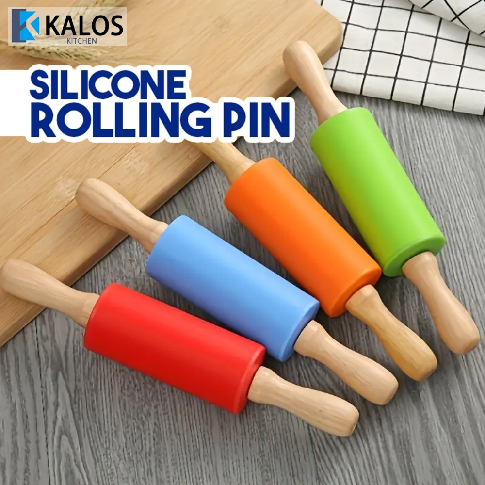 Non-Stick Silicone Rolling Pin Wooden Handle Bar Pastry Baking Tool ...