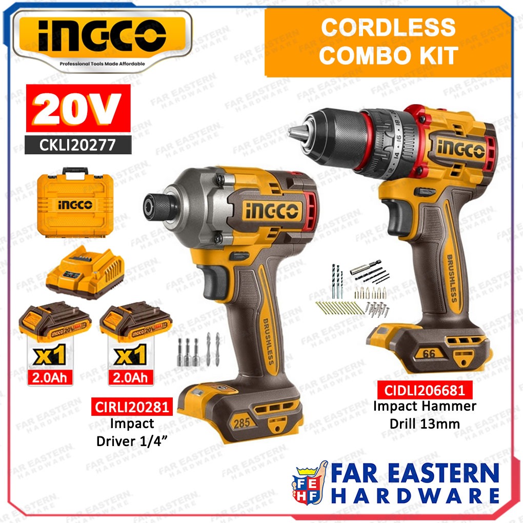 INGCO COMBO KIT Cordless Brushless Impact Drill 13mm | Driver 1/4" 20V ...