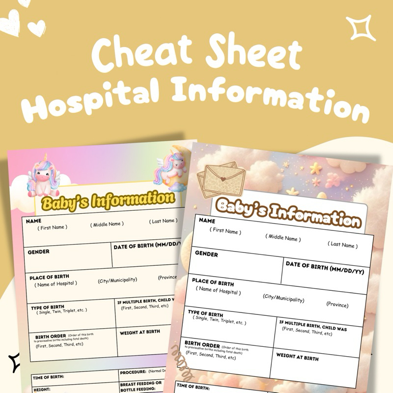 3pcs Glossy Cheat Sheet Hospital Info for Baby, Mommy and Daddy ...